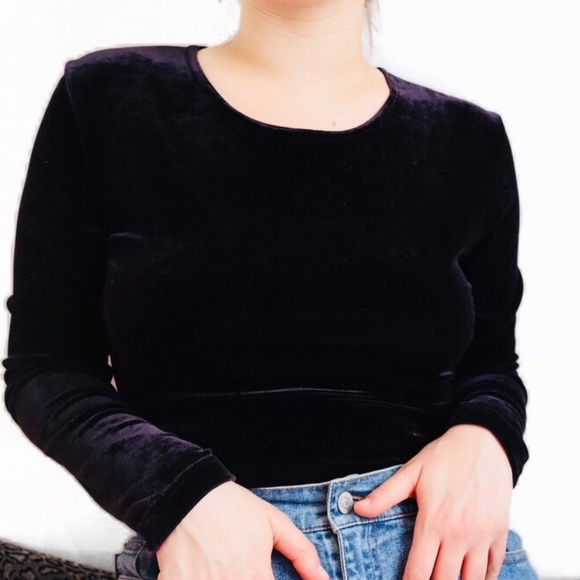 Ann Taylor | Tops | Vintage Black Velvet Scoop Neck Long Sleeve Bodysu ...